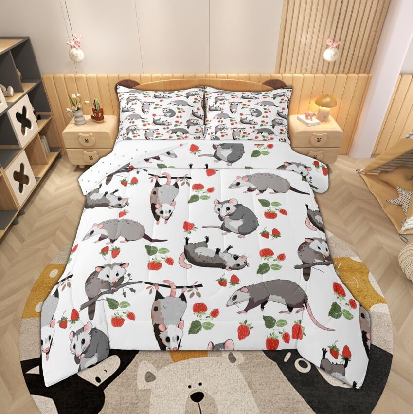 Manfei Cartoon Opossum Queen Comforter Set for Kids, Kawaii Strawberry ...