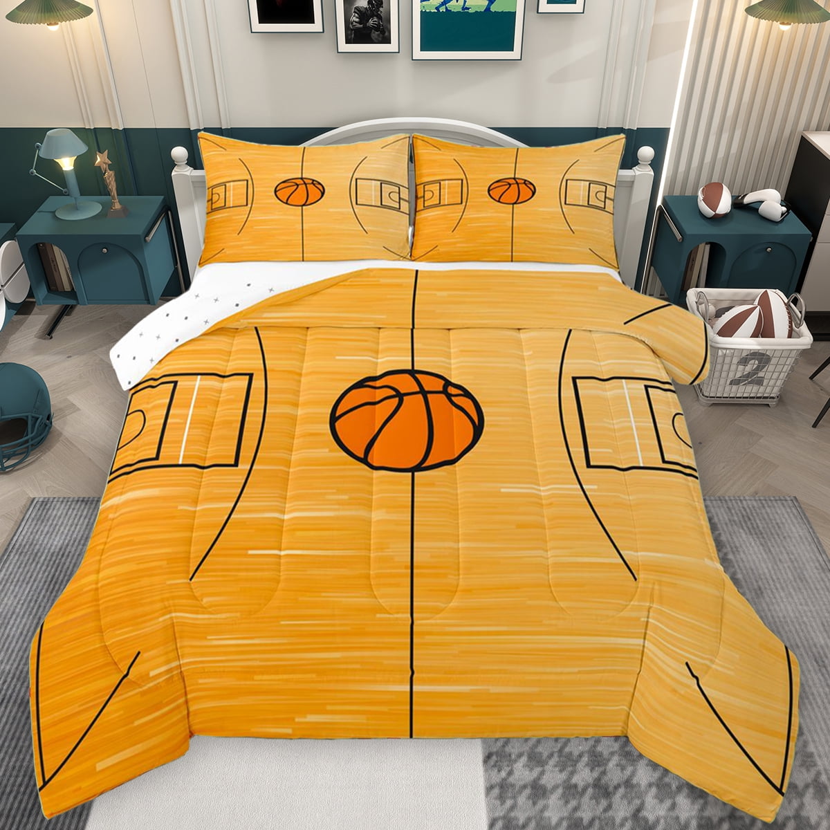 Manfei Cartoon Orange Basketball Queen Comforter Set, Chic Stripes ...