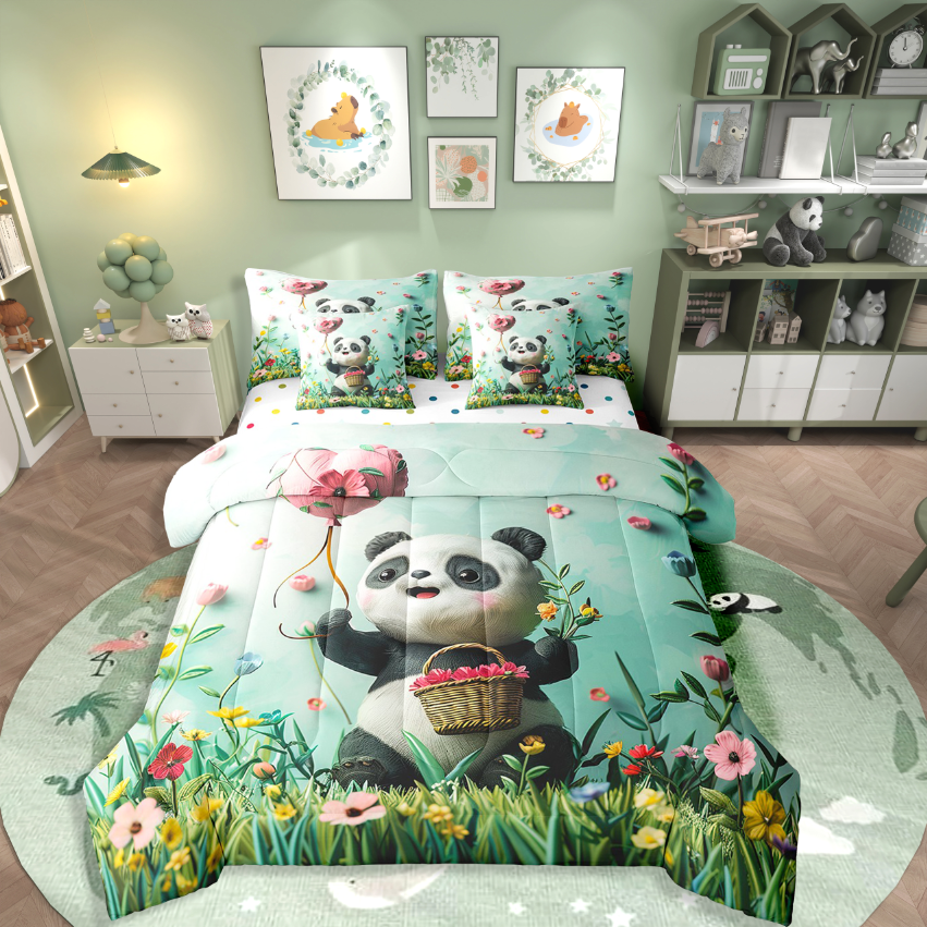 Manfei Cartoon Panda 7pcs Bedding Comforter Set,Floral Animal Queen ...