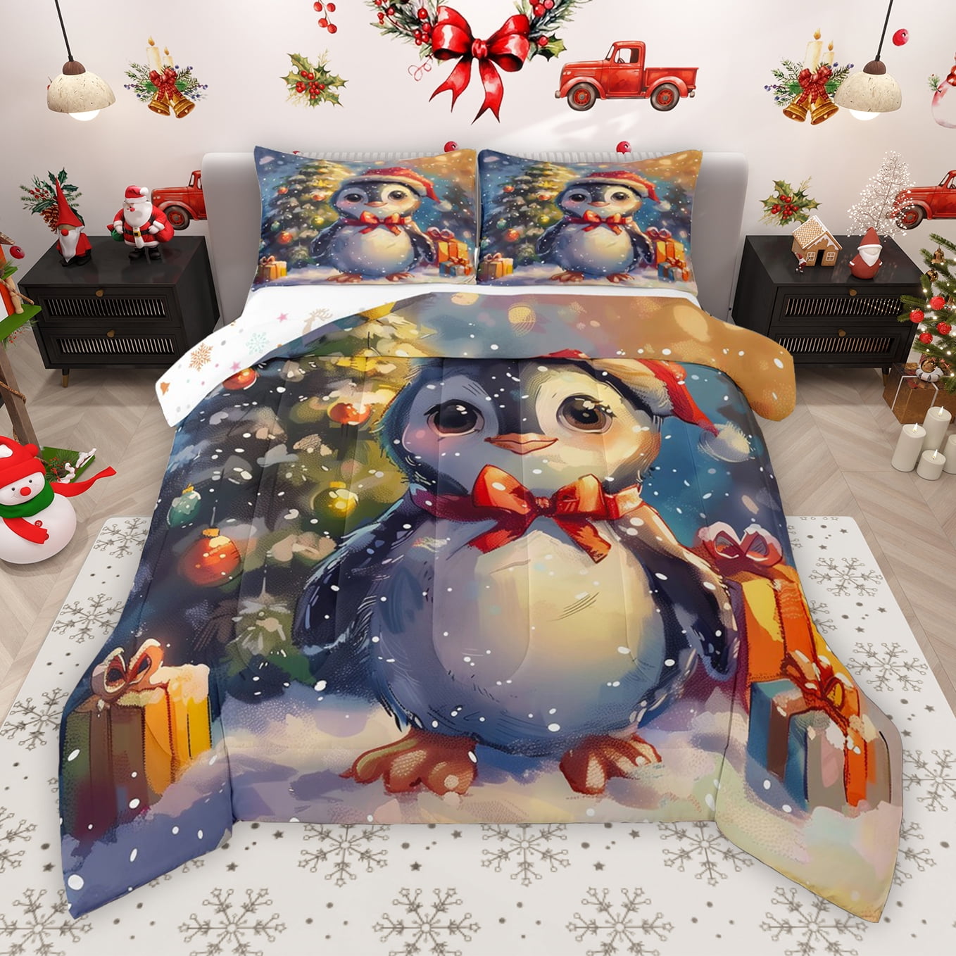 Manfei Cartoon Penguin Animal Bedding Comforter Set, Retro Xmas Tree ...