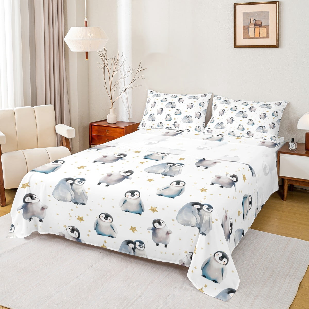 Manfei Cartoon Penguin Child Full Size Sheets, Gold Stars Print Bed ...
