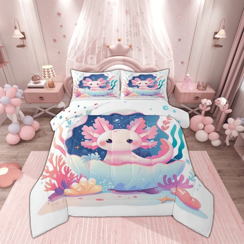 Manfei Cartoon Pink Axolotl Bedding Comforter Set for Kid, Dreamy ...