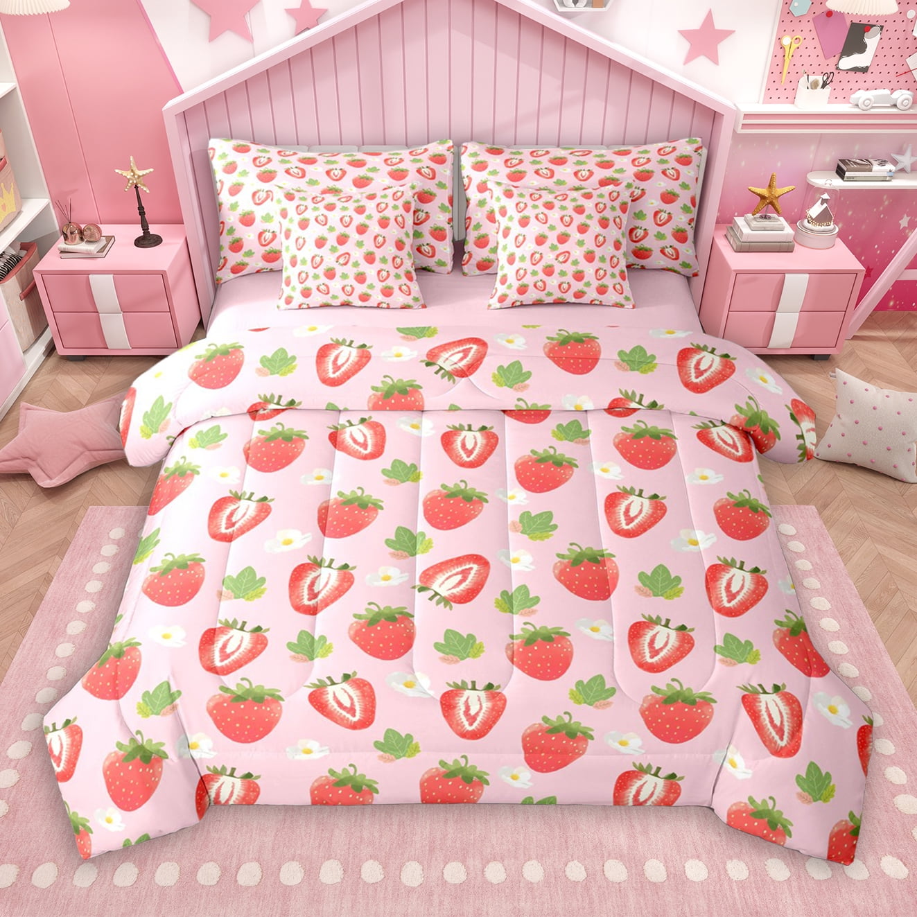 Manfei Cartoon Pink Strawberry 7-Piece Bedding Comforter Set, Farmhouse ...