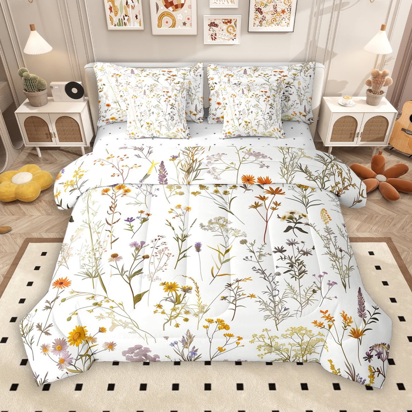 Manfei Cartoon Plant Floral 7-Piece Twin Bedding Sets, Simple French ...