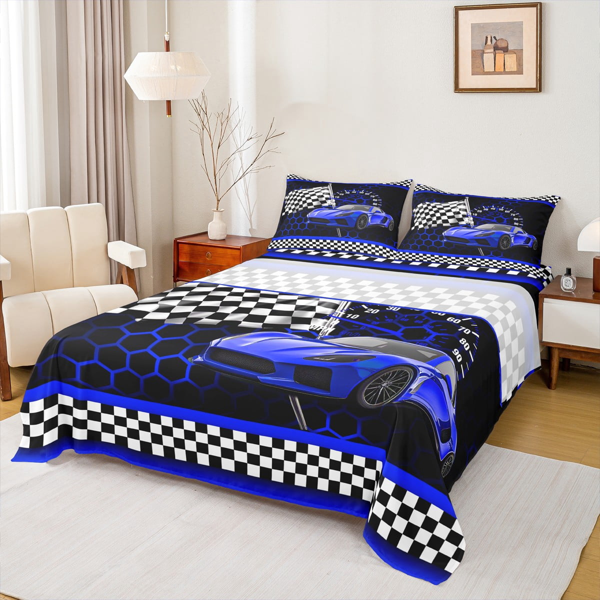 Manfei Cartoon Race Car Bed Sheets for Kids, Blue Honeycomb Buffalo ...