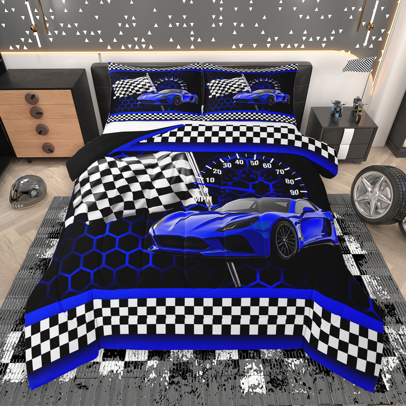 Manfei Cartoon Race Car Bedding Comforter Set for Kids, Blue Honeycomb ...