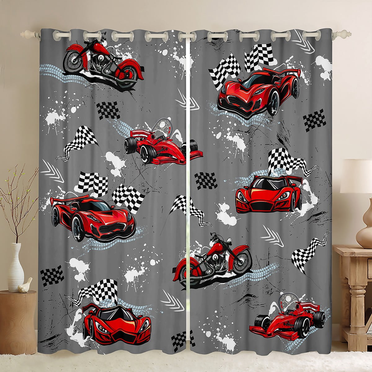 Manfei Cartoon Race Car Curtains Pack of 2 (42x84 Each) for Kids, Grey ...