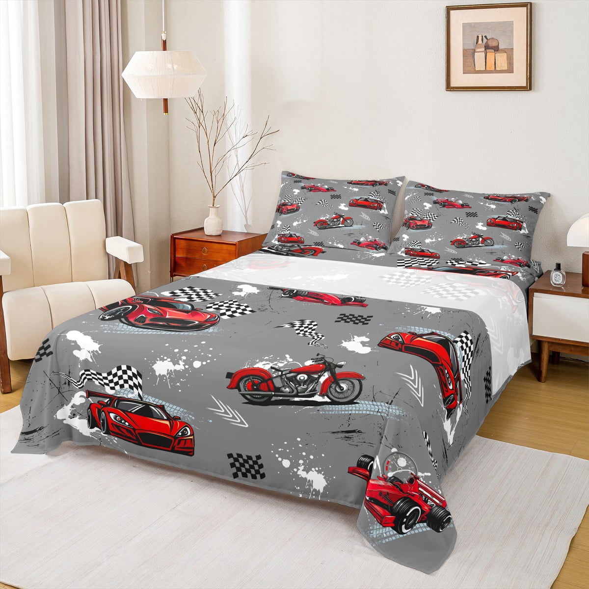 Manfei Cartoon Race Car Full Size Sheets for Kids, Grey Buffalo Plaid ...