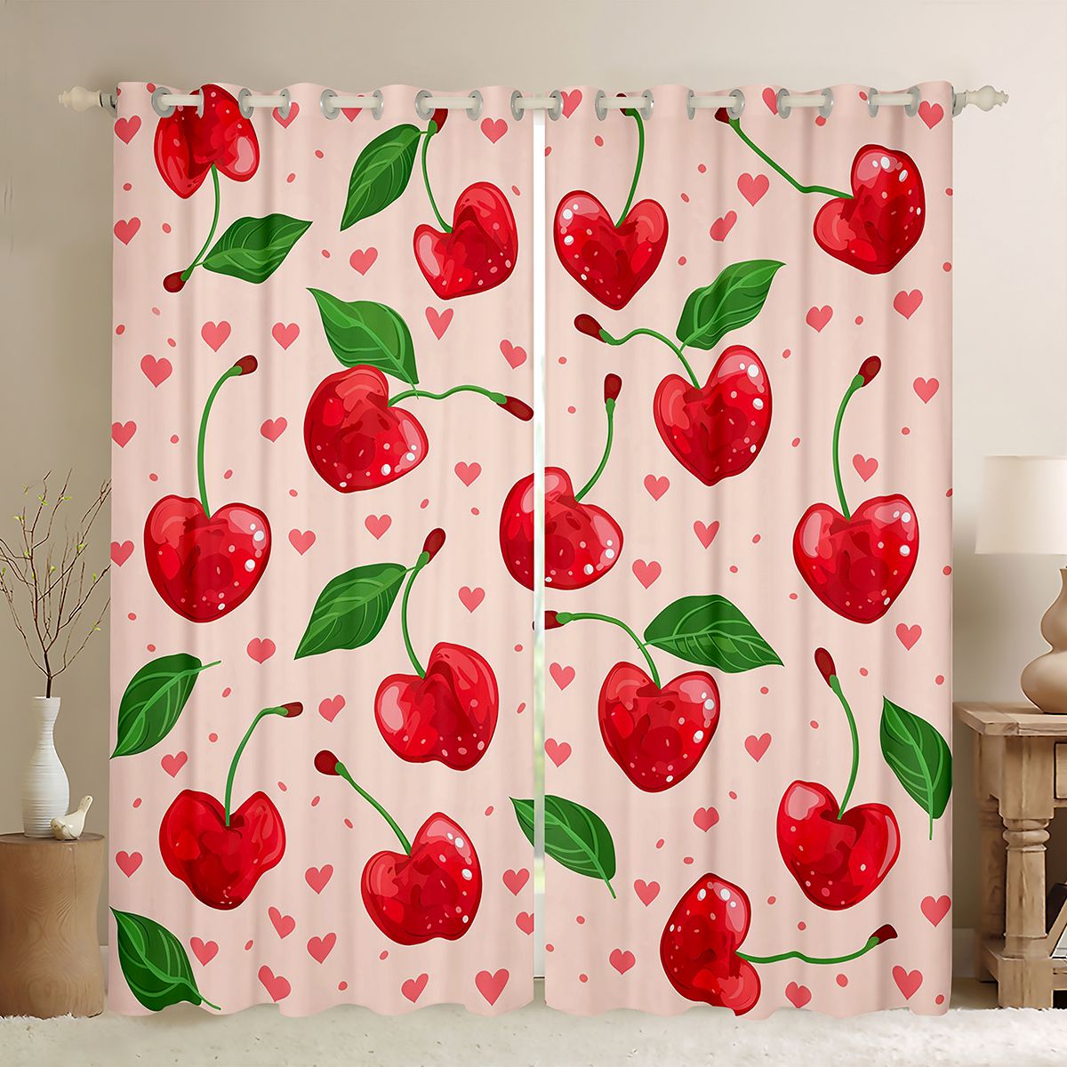 Homewish Cartoon Red Cherry Blackout Curtains Set of 2 (52x84 Each) for ...