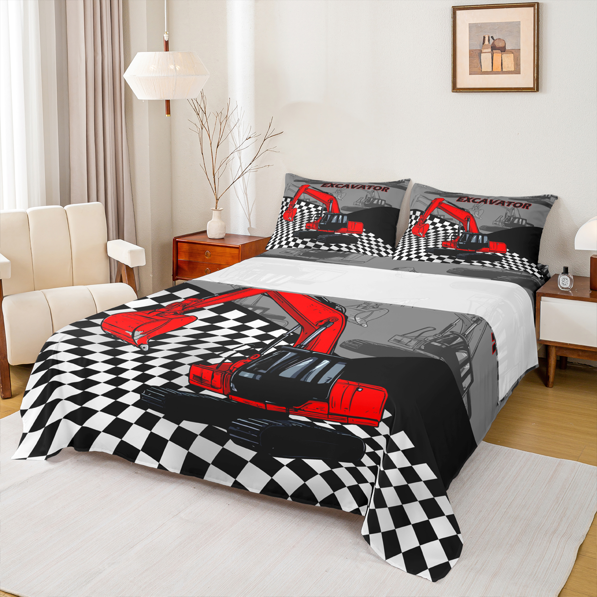 Manfei Cartoon Red Truck Bed Sheets for Kids, Construction Vehicle King ...