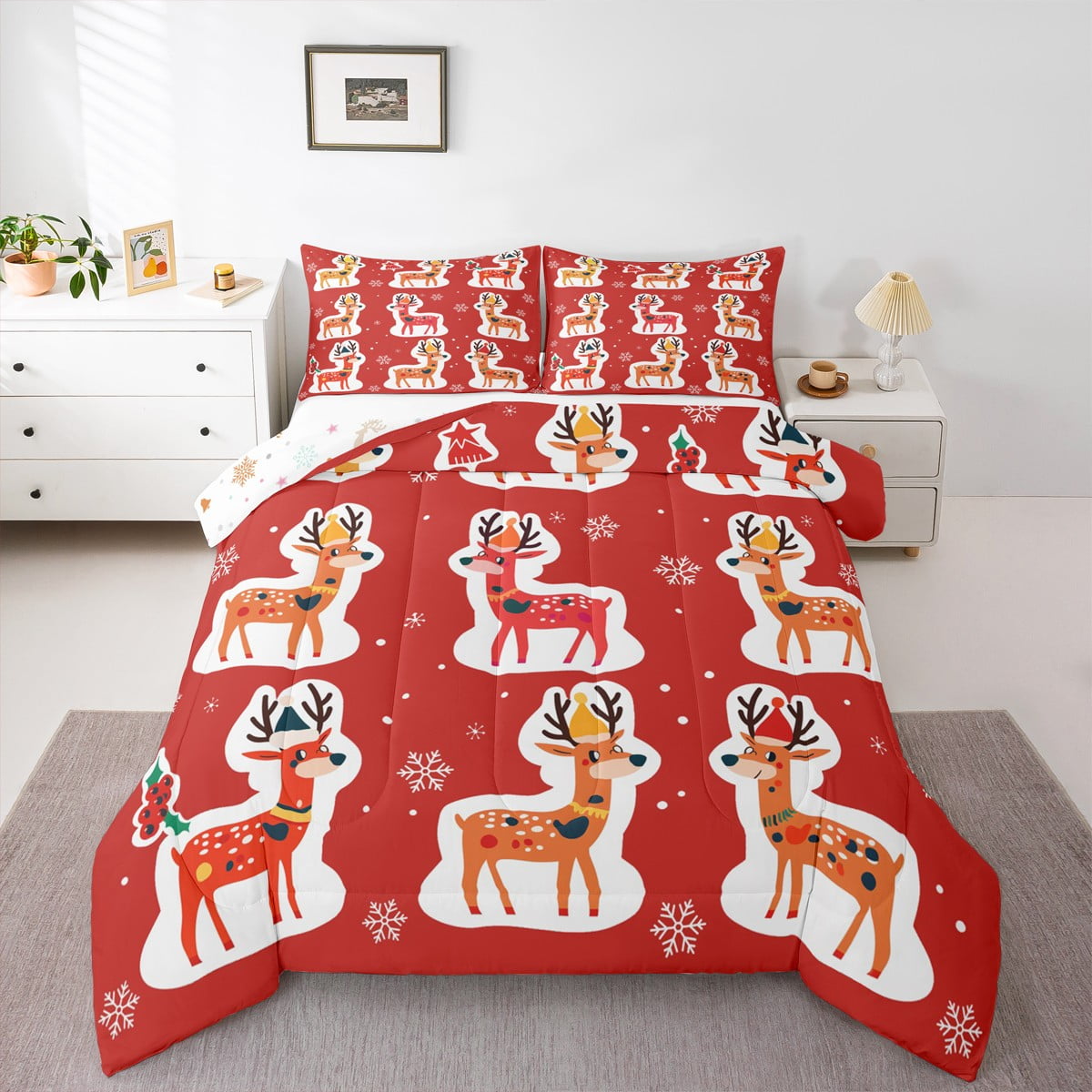 Manfei Cartoon Reindeer Print Bedding Comforter Set, Kawaii Christmas ...