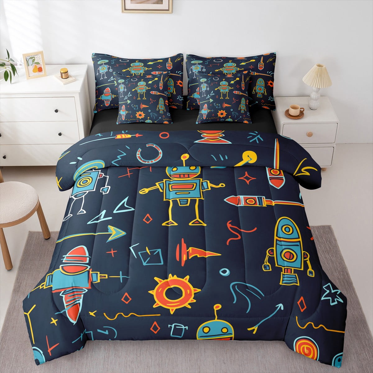 Manfei Cartoon Robot 7-Piece Twin Bedding Sets,Cute Graffiti Rocket ...
