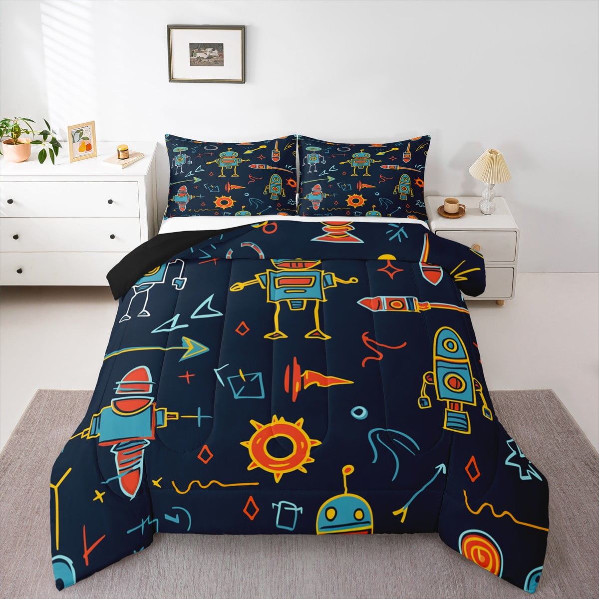 Manfei Cartoon Robot Full Size Comforter Sets,Cute Graffiti Rocket ...
