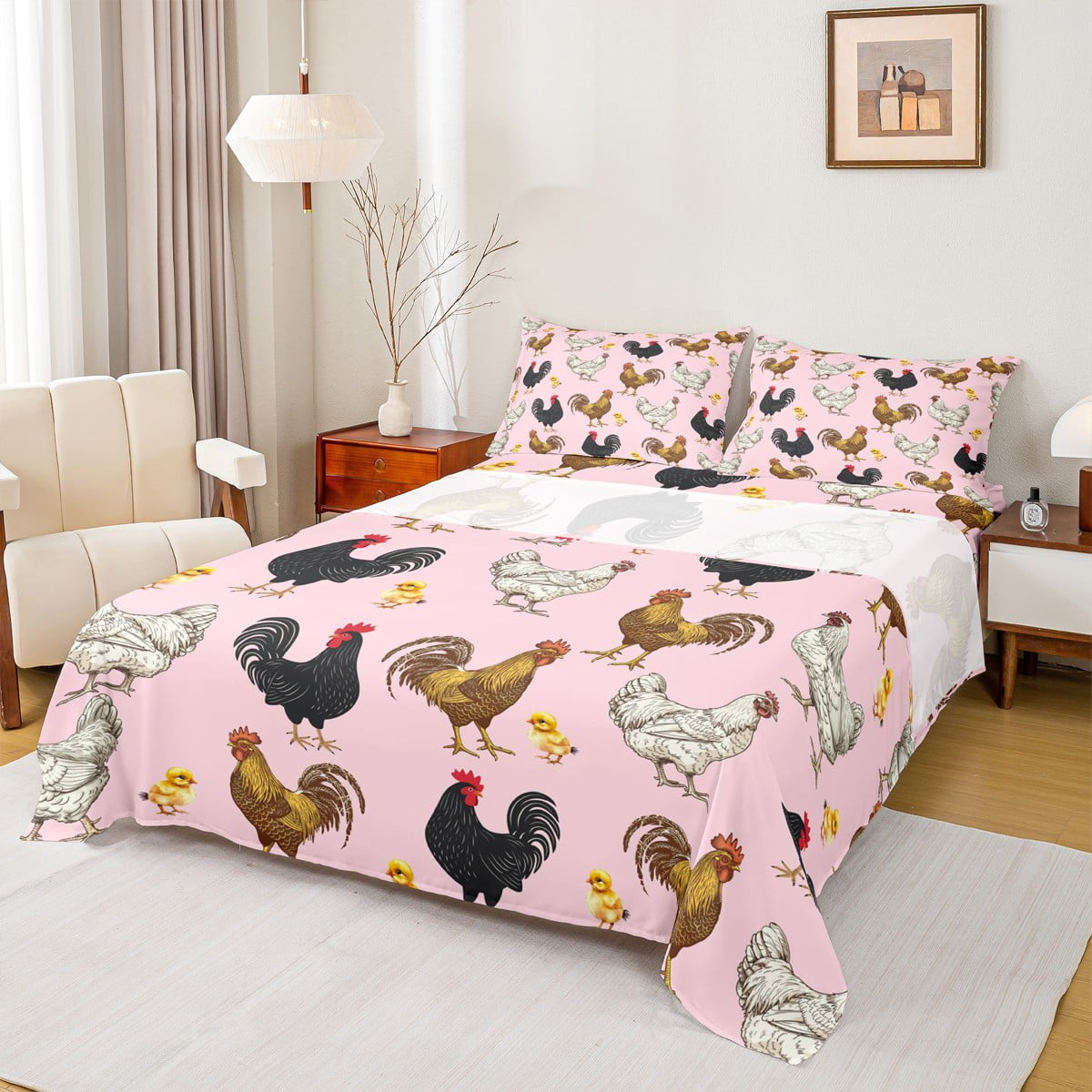 Manfei Cartoon Rooster Full Size Sheets 4-Piece, Kawaii Chicken Bed ...