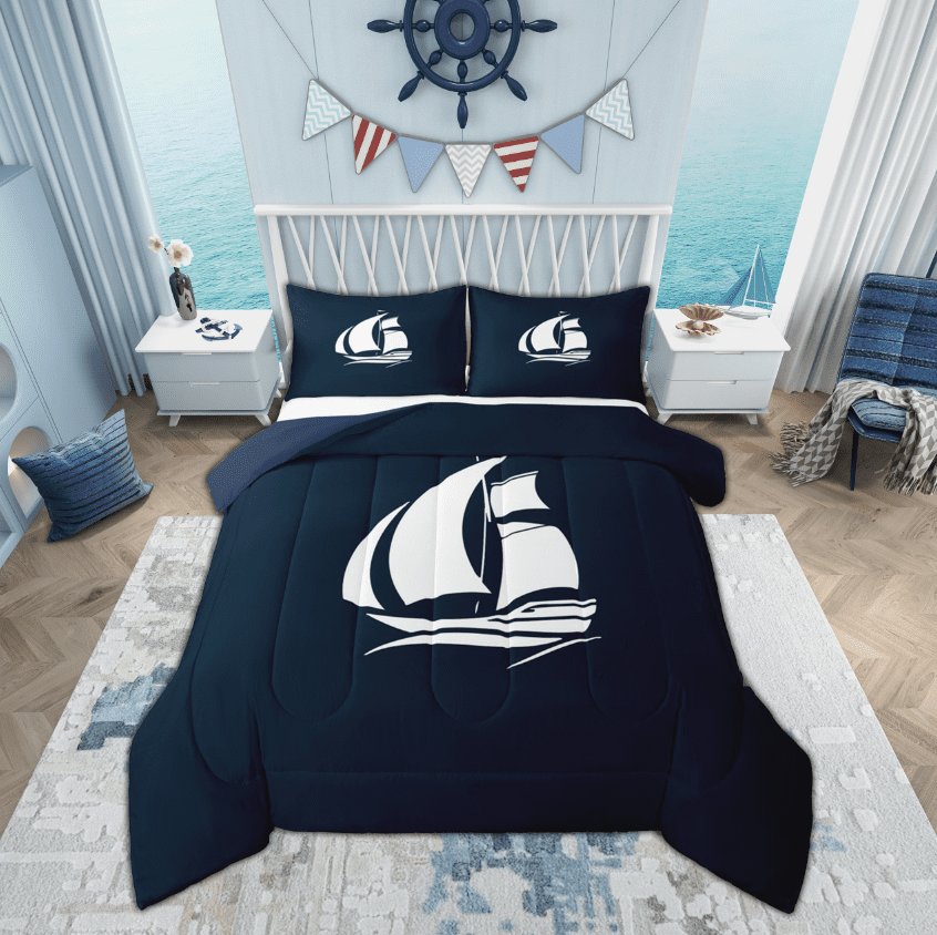 Manfei Cartoon Sailboat Bedding Twin Comforter Set, Nautical Sailing ...