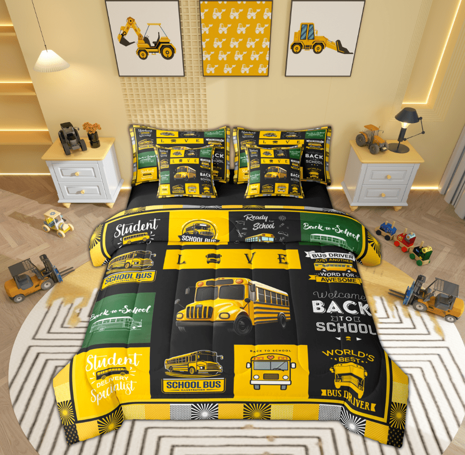 Manfei Cartoon School Bus Bedding Comforter Set 7-Piece, Transportation ...