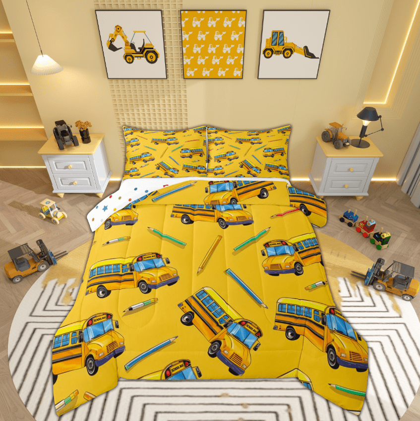 Manfei Cartoon School Bus Bedding Comforter Set, Transportation Vehicle ...