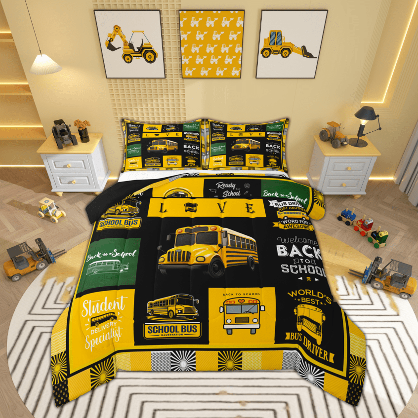 Manfei Cartoon School Bus Bedding Comforter Set, Transportation Vehicle ...
