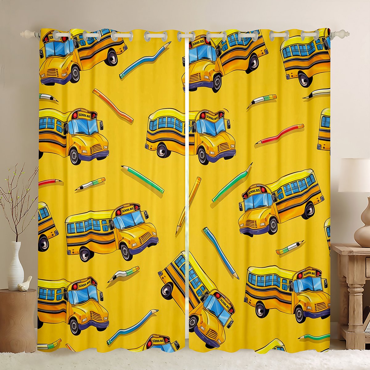 Manfei Cartoon School Bus Black Out Curtains, Transportation Vehicle ...