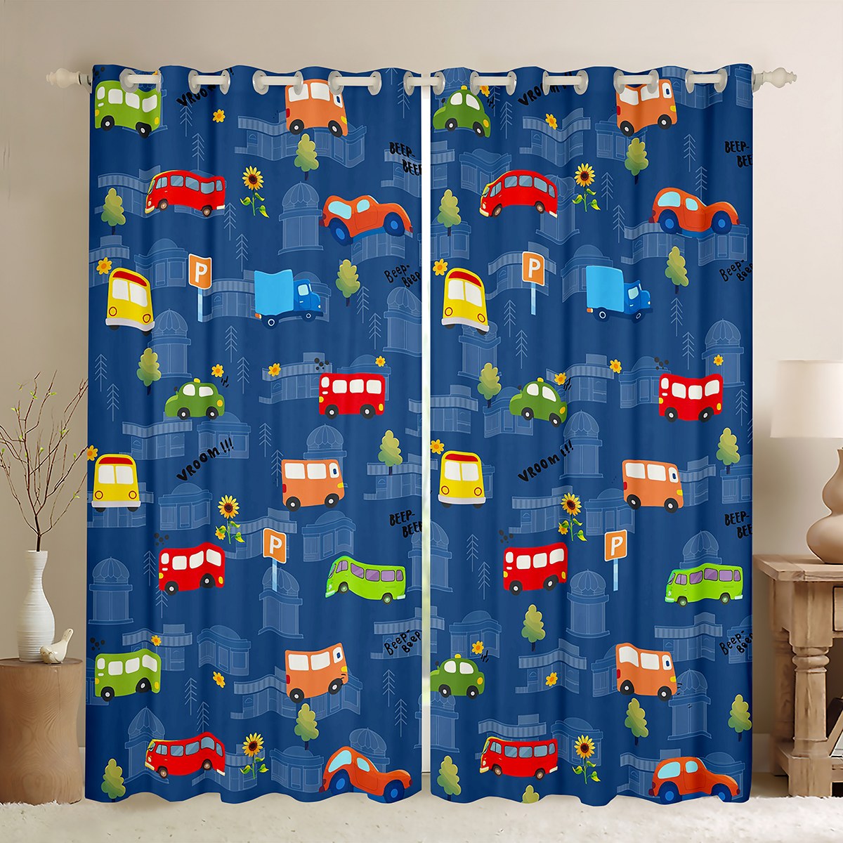 Manfei Cartoon School Bus Curtains Pack of 2 (42x84 Each) for Kids ...