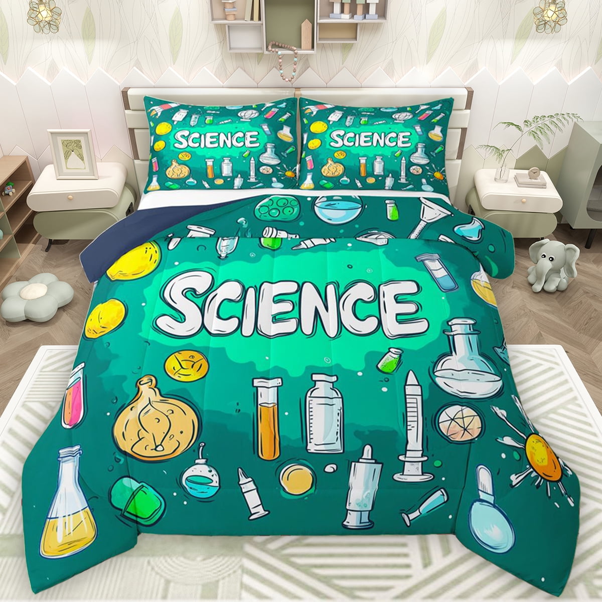 Manfei Cartoon Science Biology Queen Comforter Set, Green Watercolor ...