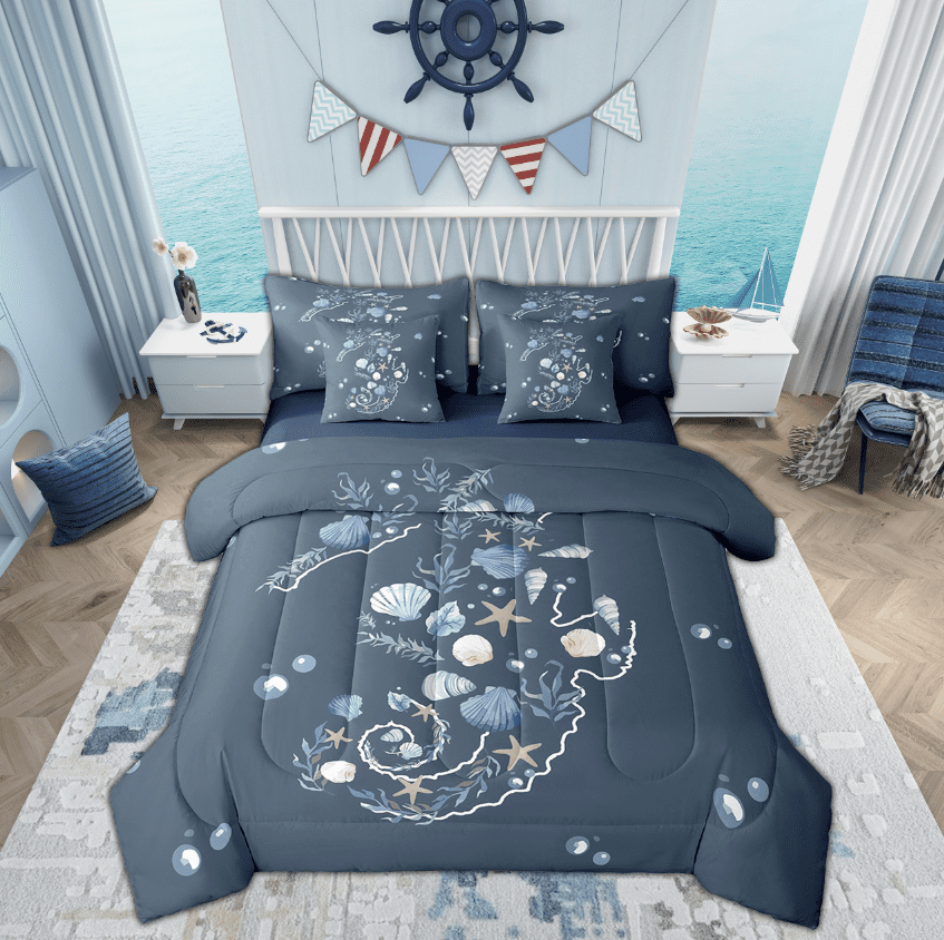 Manfei Cartoon Seashell Bedding Sets King Size, Cute Seahorse Bed in a Bag King size, Kawaii ...
