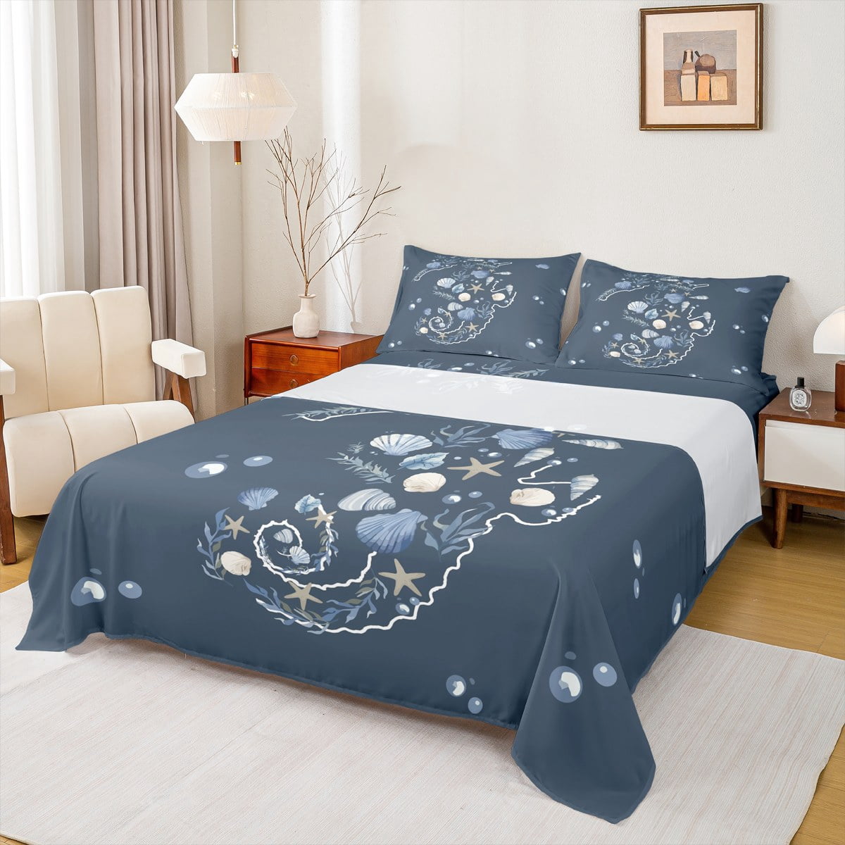 Manfei Cartoon Seashell King Sheet Sets, Cute Seahorse Sheet Set King ...