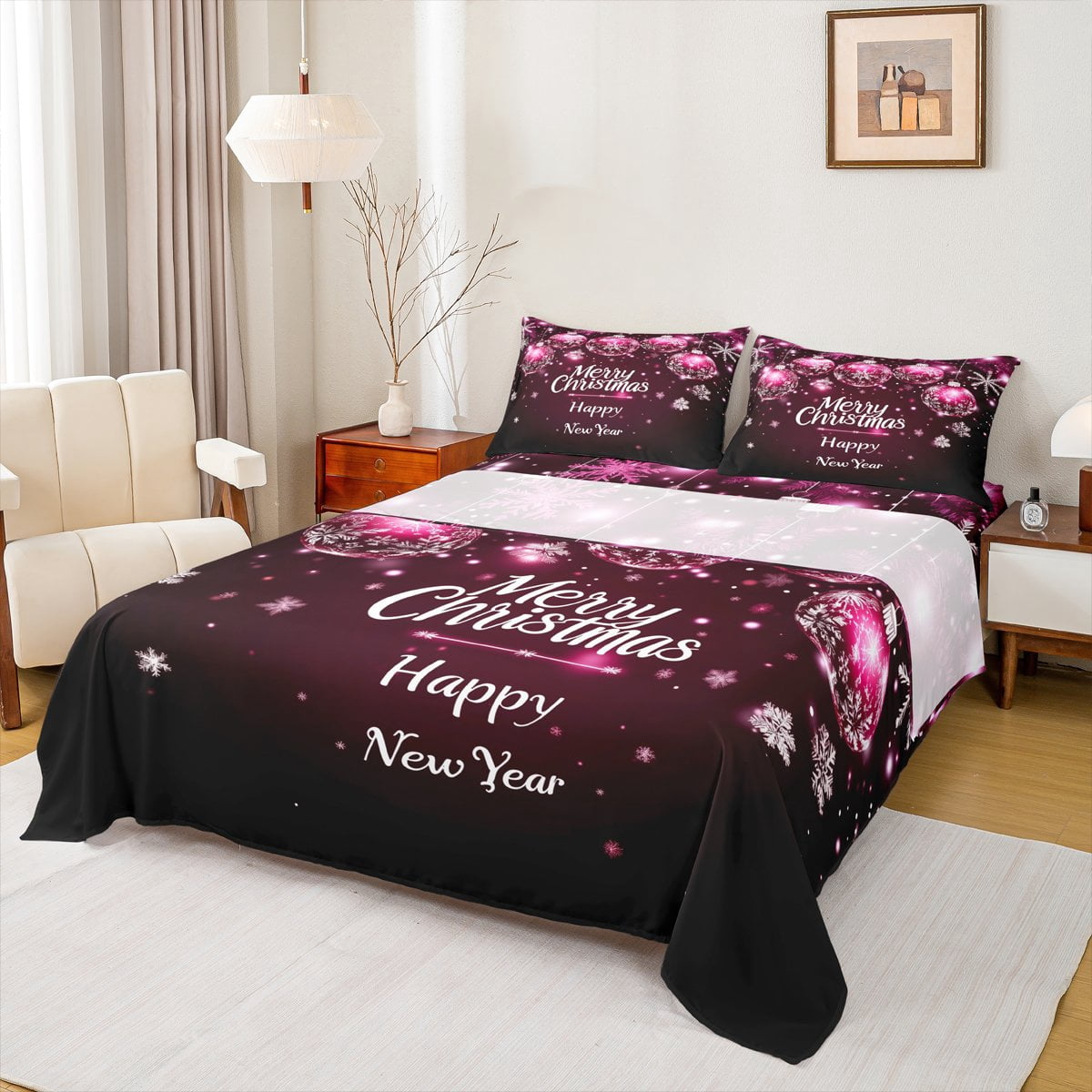 Manfei Cartoon Snowflake Tree Queen Sheet Sets, Happy New Year Flat ...