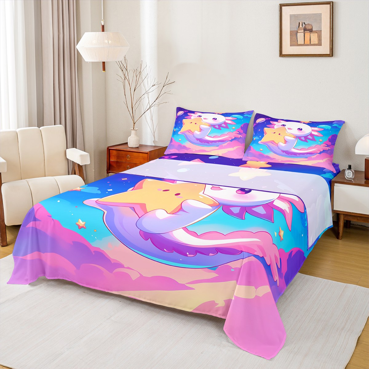 Manfei Cartoon Star Axolotl Full Size Sheets, Dreamy Starry Sky Bed ...