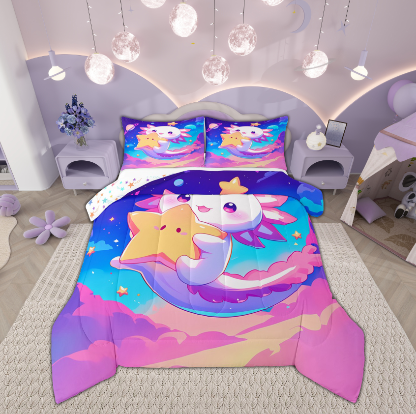 Manfei Cartoon Star Axolotl Queen Comforter Set, Dreamy Starry Sky ...