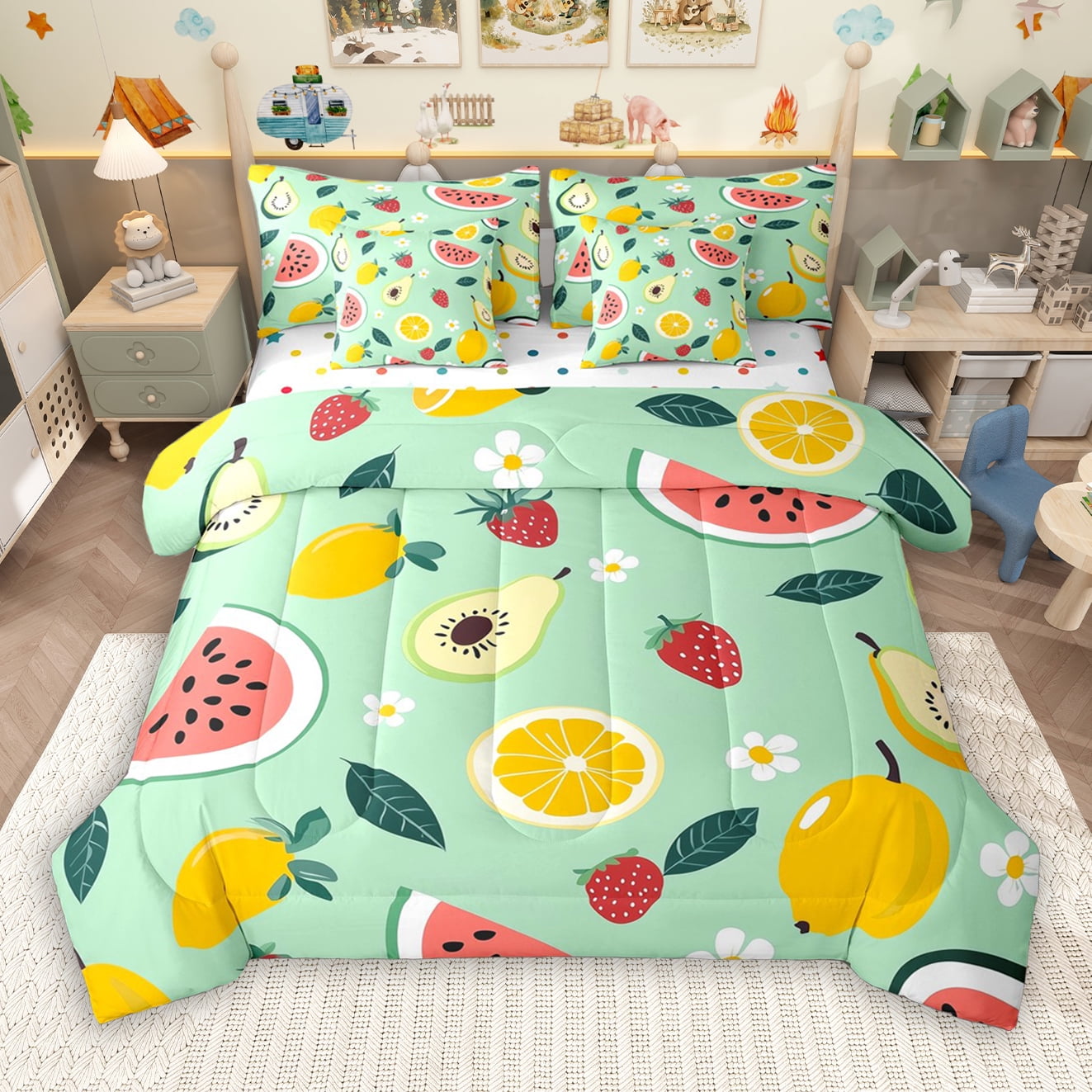 Manfei Cartoon Strawberry Fruit 7-Piece Bedding Comforter Set for Kids ...