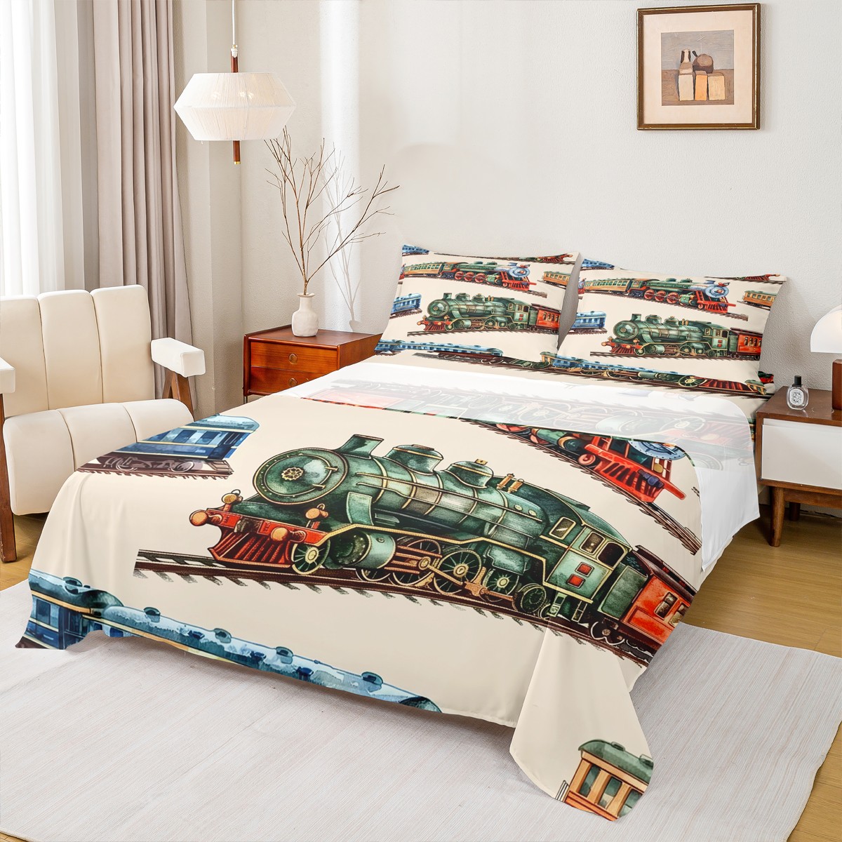 Manfei Cartoon Train Bed Sheets for Kids, Retro Steam Locomotive King ...