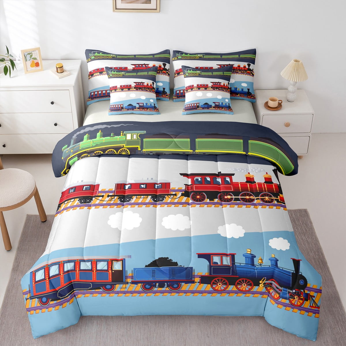 Manfei Cartoon Train Bedding Comforter Set 7 Pieces for Teens Adults ...