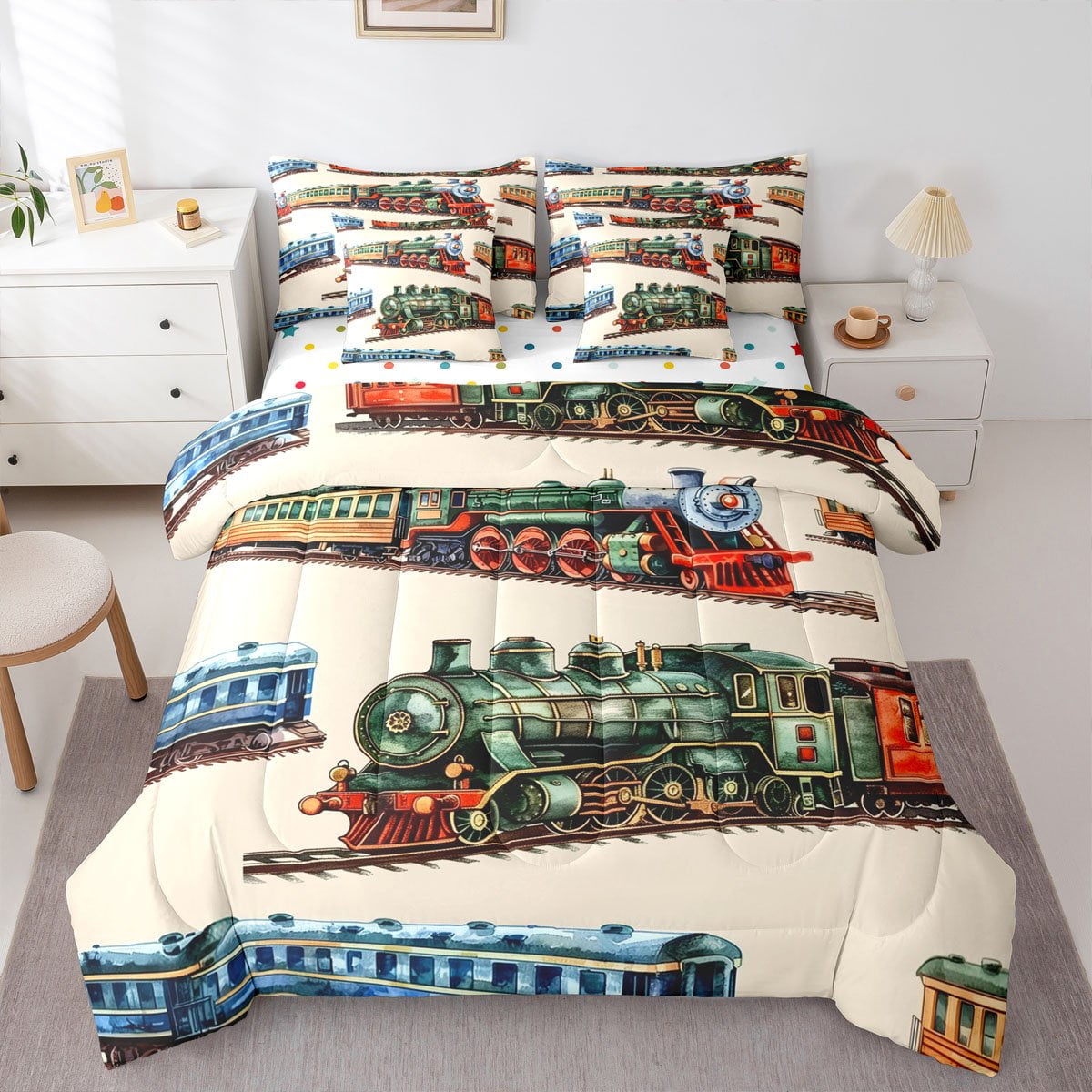 Manfei Cartoon Train Bedding Comforter Set 7pcs for Kids, Retro Steam ...