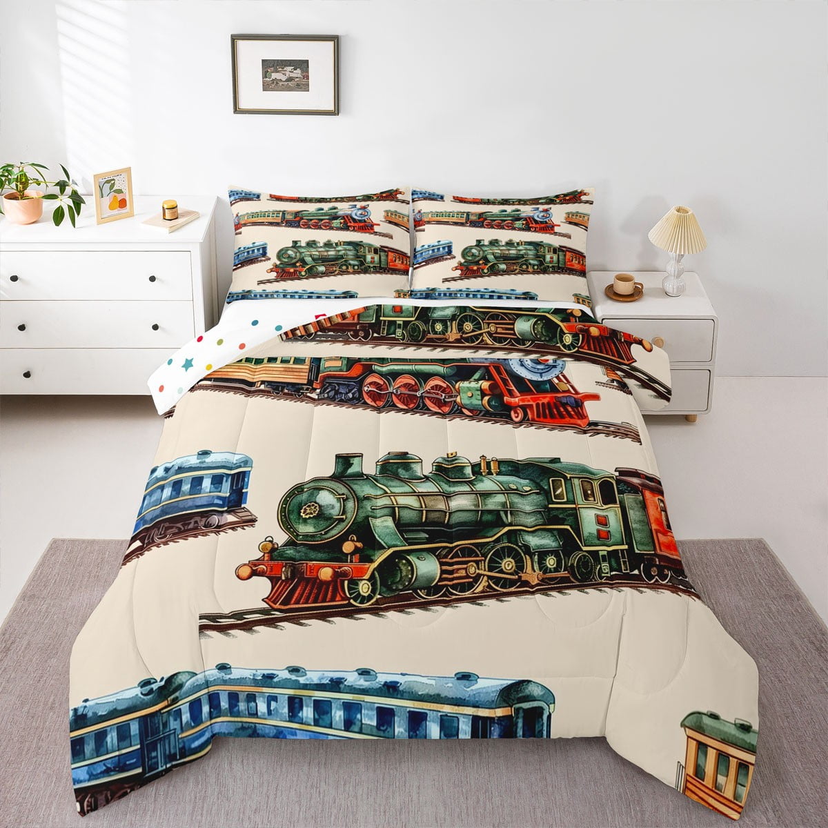 Manfei Cartoon Train Bedding Comforter Set for Kids, Retro Steam ...