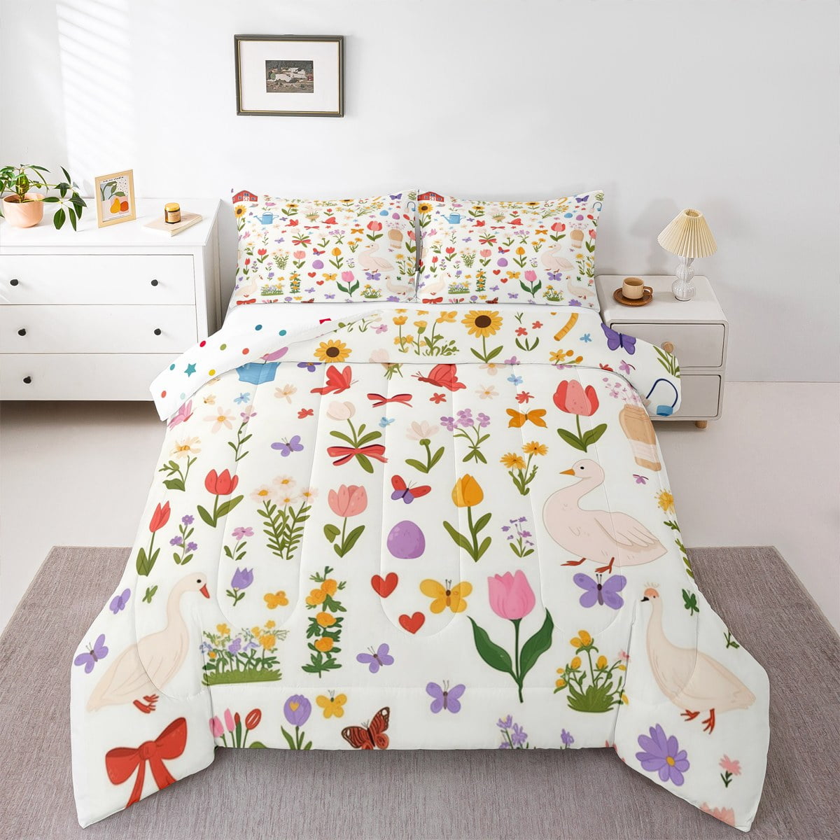 Manfei Cartoon Tulip Floral Queen Comforter Set, Farm White Goose ...