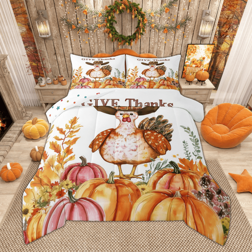 Manfei Cartoon Turkey Queen Comforter Set, Watercolor Pumpkin Bedding ...