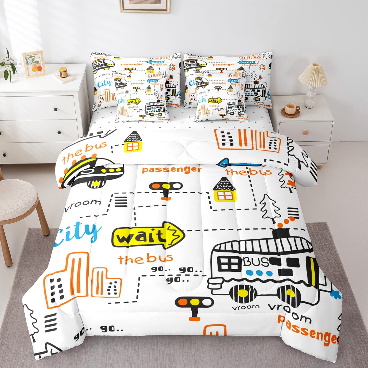 Manfei Cartoon Vechicle Bus Bedding Comforter Set 7 Pieces,City ...