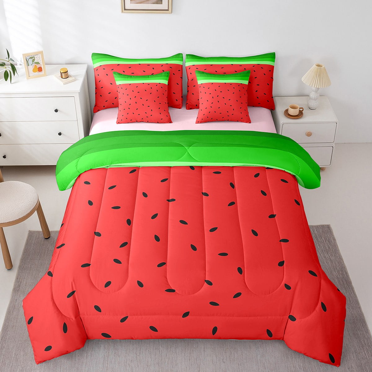 Manfei Cartoon Watermelon 7-Piece Bedding Comforter Set,Red Green King Bedding Sets,Kawaii Fruit ...