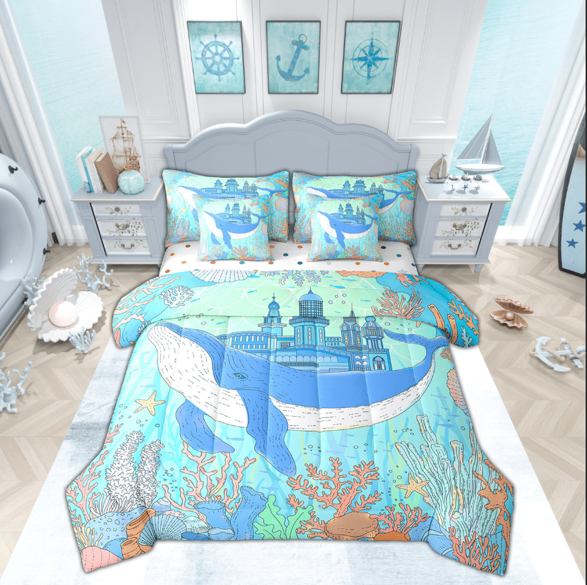 Manfei Cartoon Whale Bedding Full Size, Blue Castle Bed Set, Kawaii Sea Animal Reversible ...
