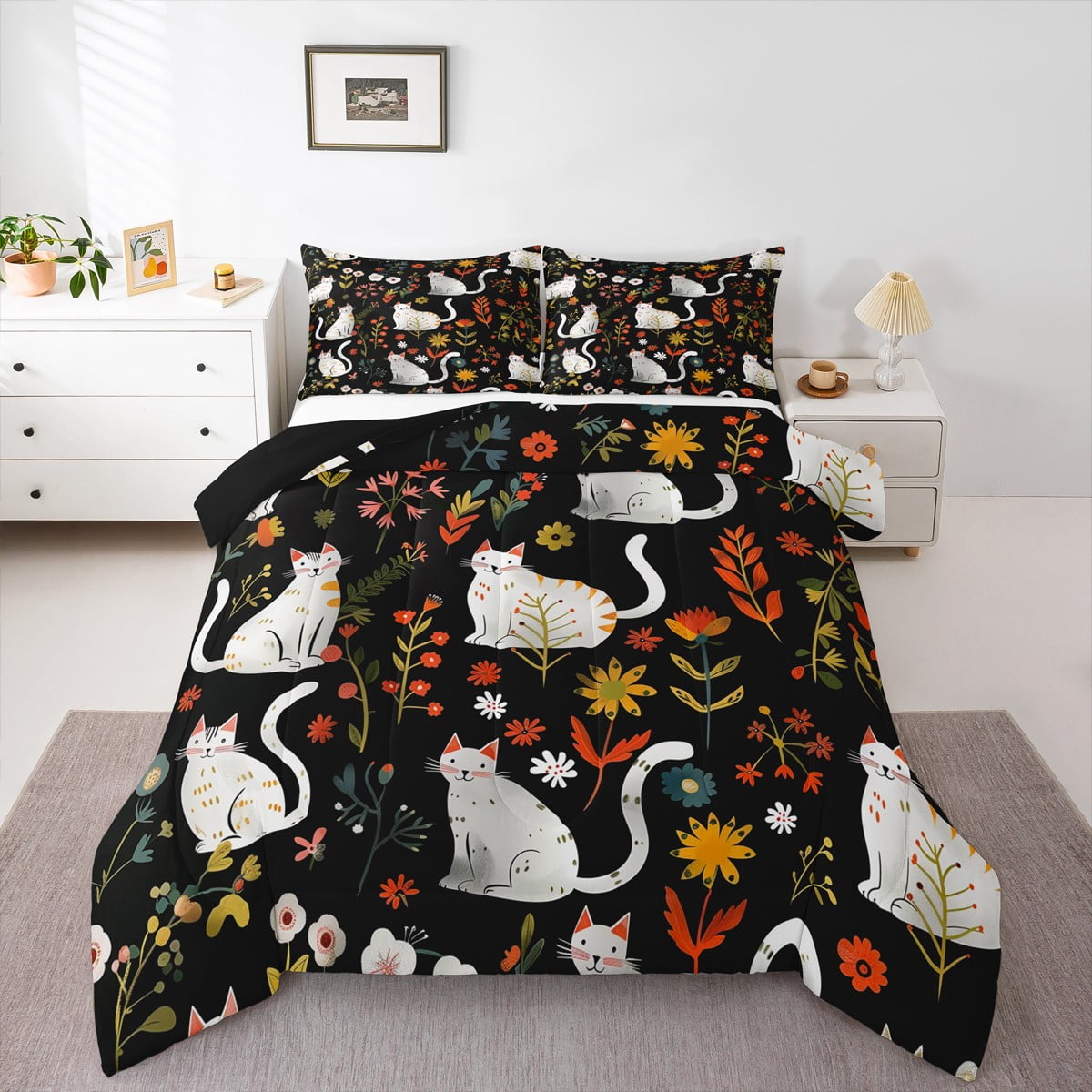 Manfei Cartoon White Cat Queen Comforter Set for Kid, Vibrant Groovy ...