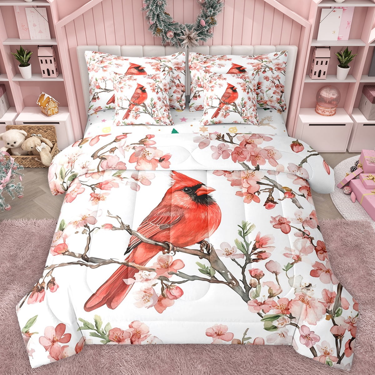Manfei Cartoon Winter Bird Bedding Comforter Set 7pcs, Pink Cherry ...