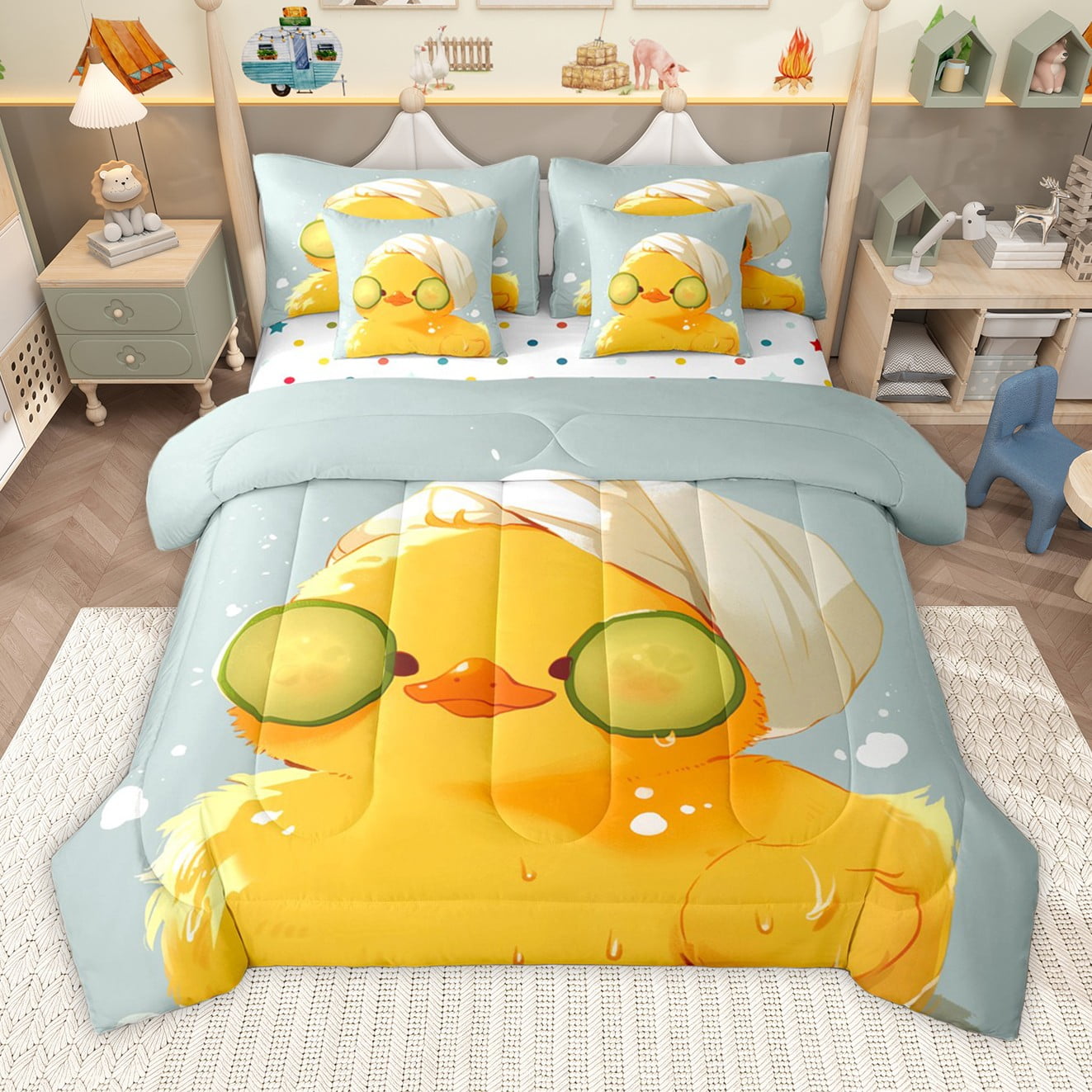 Manfei Cartoon Yellow Duck 7-Piece Bedding Comforter Set for Teens Kids ...