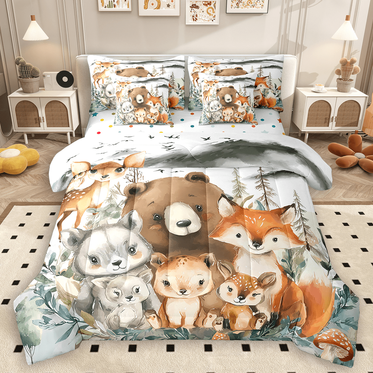 Manfei Cartoon Zoo Animal Bedding Comforter Set 7pcs for Kids, Bear Fox ...