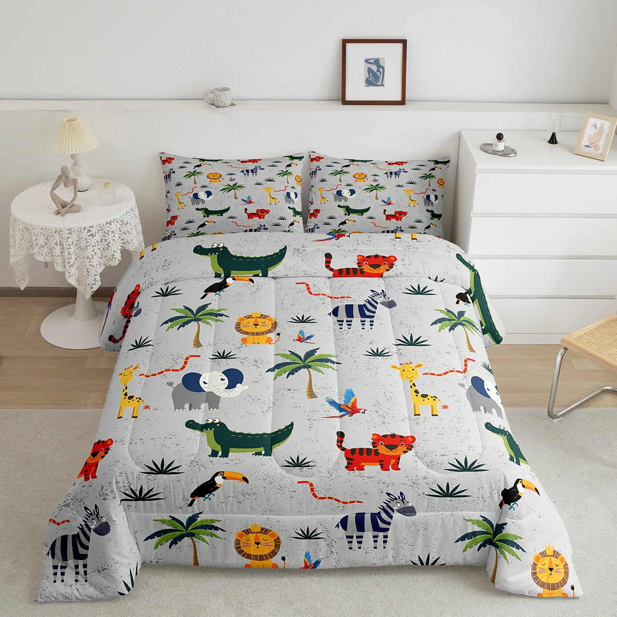 Manfei Cartoon Zoo Animal Comforter Sets King Size, Kawaii Tiger Lion ...