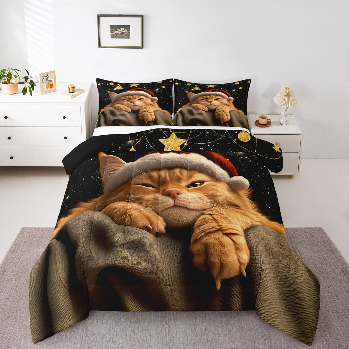 Manfei Cat Kitten Child Full Size Comforter Sets, Glitter Stars Print ...