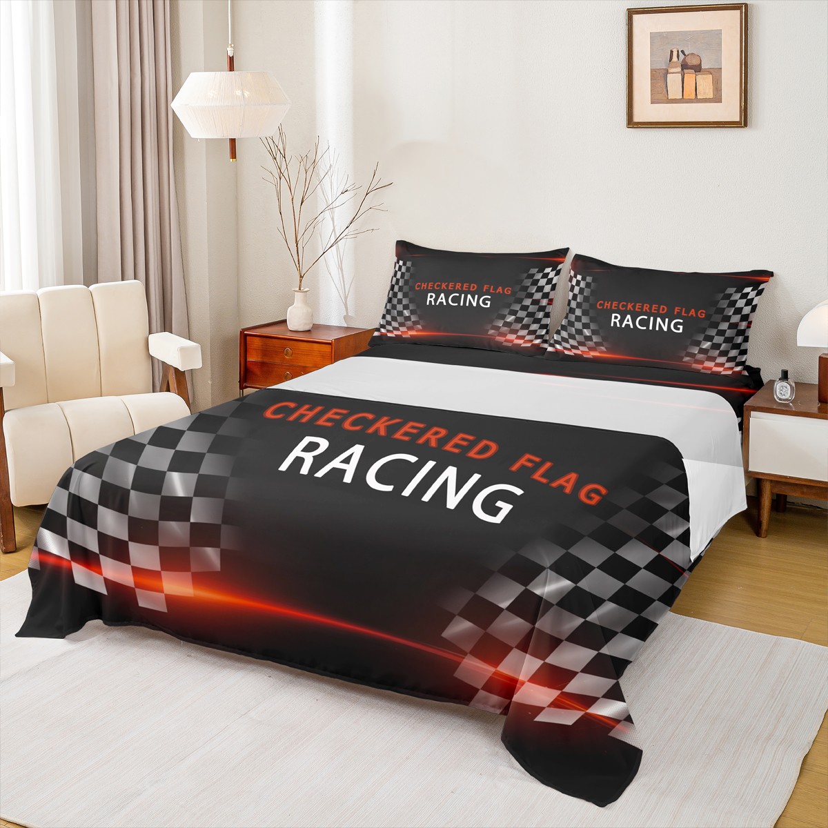 Manfei Checkered Flag Queen Sheet Sets for Teens, Speed Racing Car Flat ...