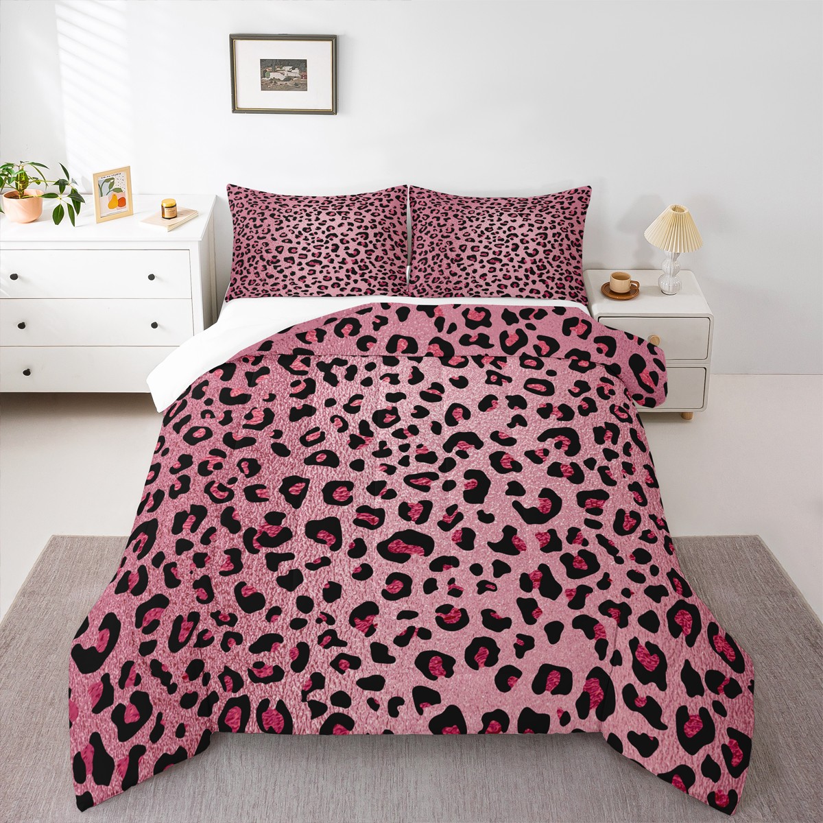 Manfei Cheetah Leopard 3-Piece Full Size Comforter Sets,Black Pink ...