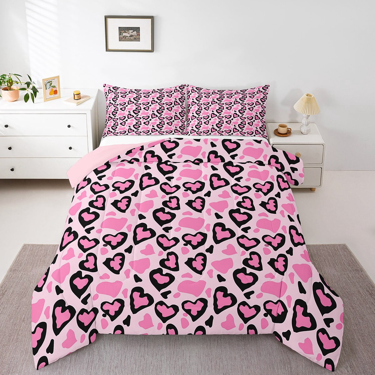 Manfei Cheetah Print 3-Piece Full Size Comforter Sets,Love Heart Print ...
