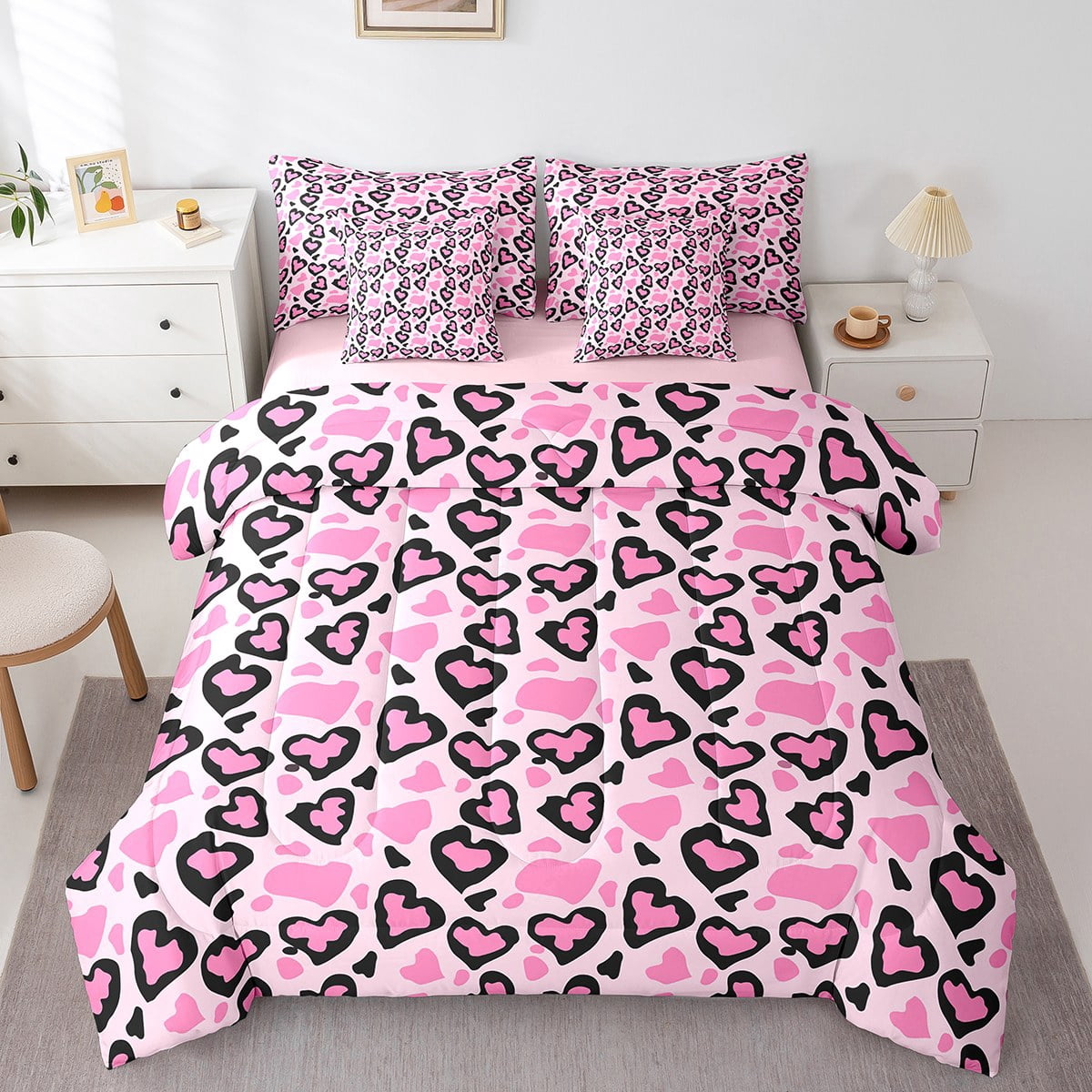 Manfei Cheetah Print 7pcs Bedding Comforter Set,Love Heart Print Queen ...